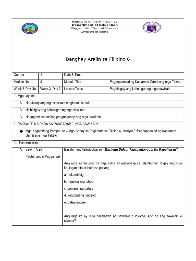 Daily Lesson Guide in Filipino 6 MODULE 3 DAY 2 | PDF