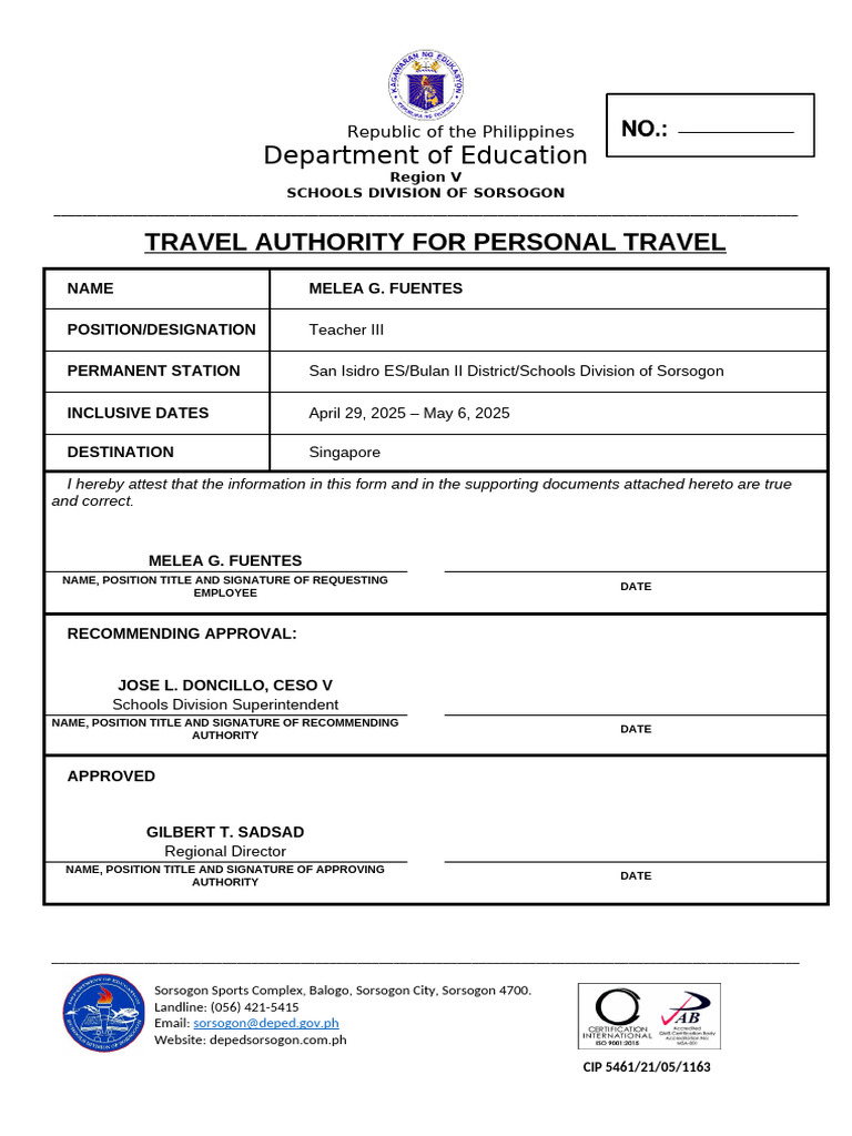 Personal Travel Authority Approval | PDF
