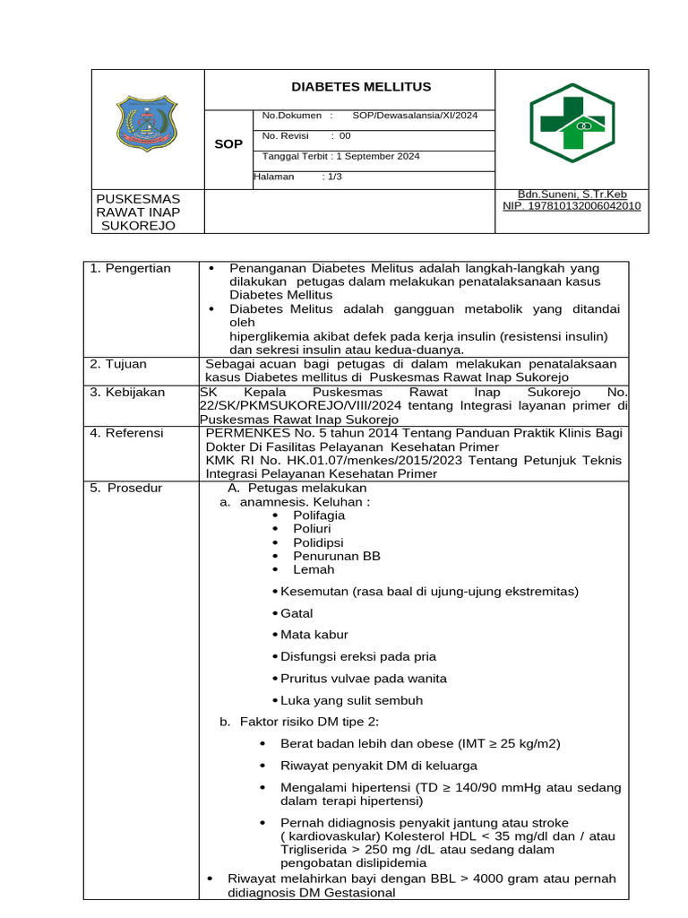 SOP Penanganan Diabetes Melitus Puskesmas | PDF