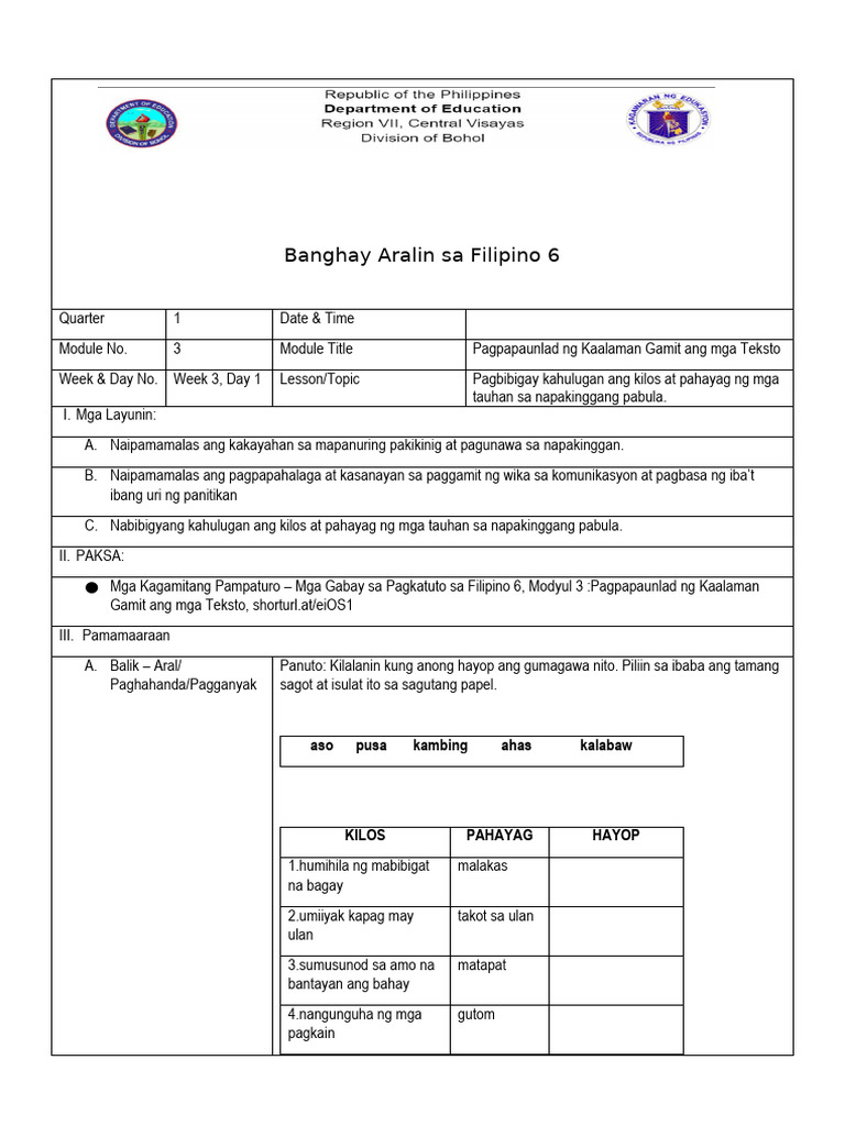 Daily Lesson Guide in Filipino 6 MODULE 3 DAY 1 | PDF