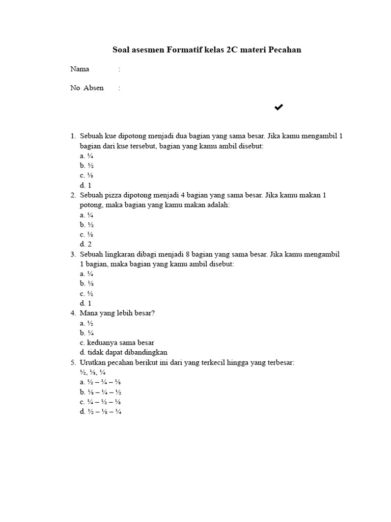 Soal Asesmen Formatif Kelas 2C Materi Pecahan | PDF