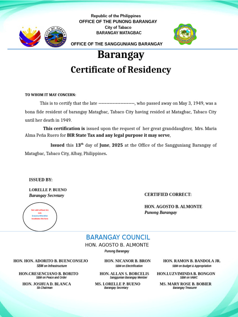 Barangay Certificate of Residency Template | PDF