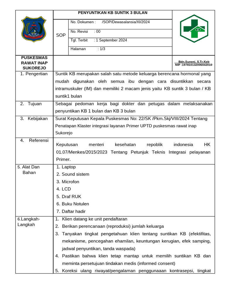 Penyuntikan KB Suntik 3 Bulan | PDF