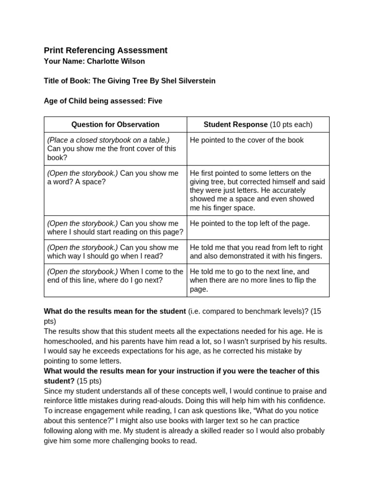 Print Referencing Assessment for Kids | PDF | Cognition | Learning