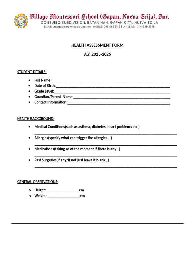 Student Health Assessment Form 2025-2026 | PDF
