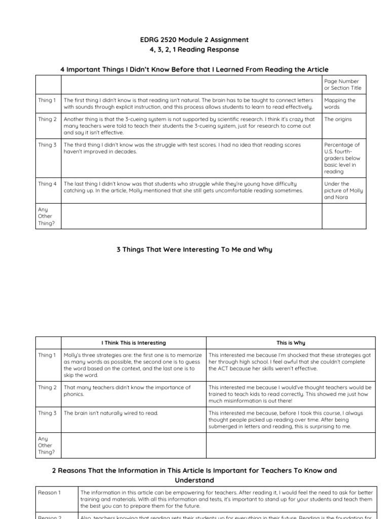 Insights from 4-3-2-1 Reading Response | PDF | Cognitive Science ...