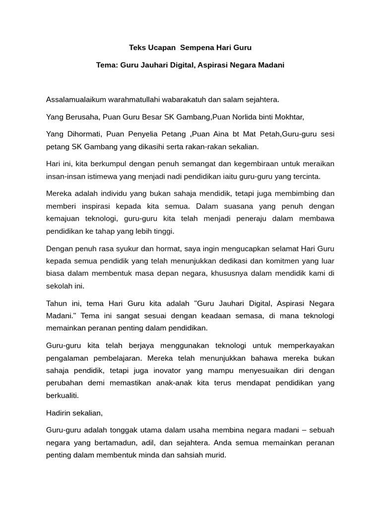 Contoh Teks Ucapan Pelajar Sempena Hari Guru 2024 | PDF
