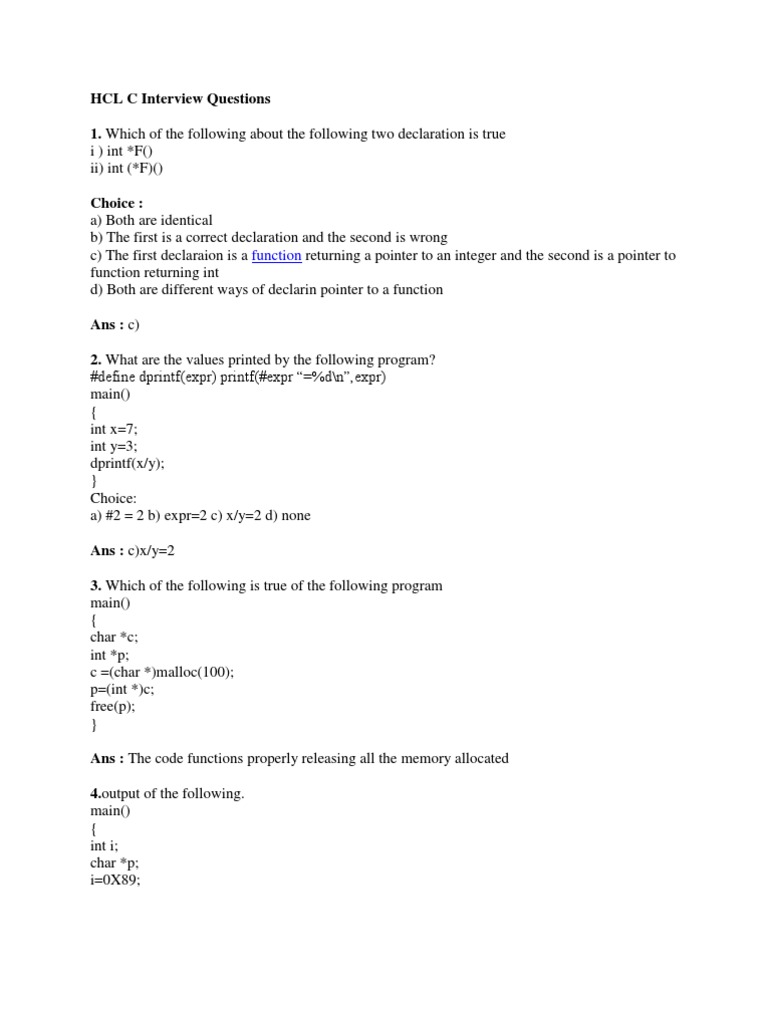 HCL C Interview Questions | PDF | C (Programming Language) | Pointer ... HCL C Interview Questions | PDF | C (Programming Language) | Pointer ...