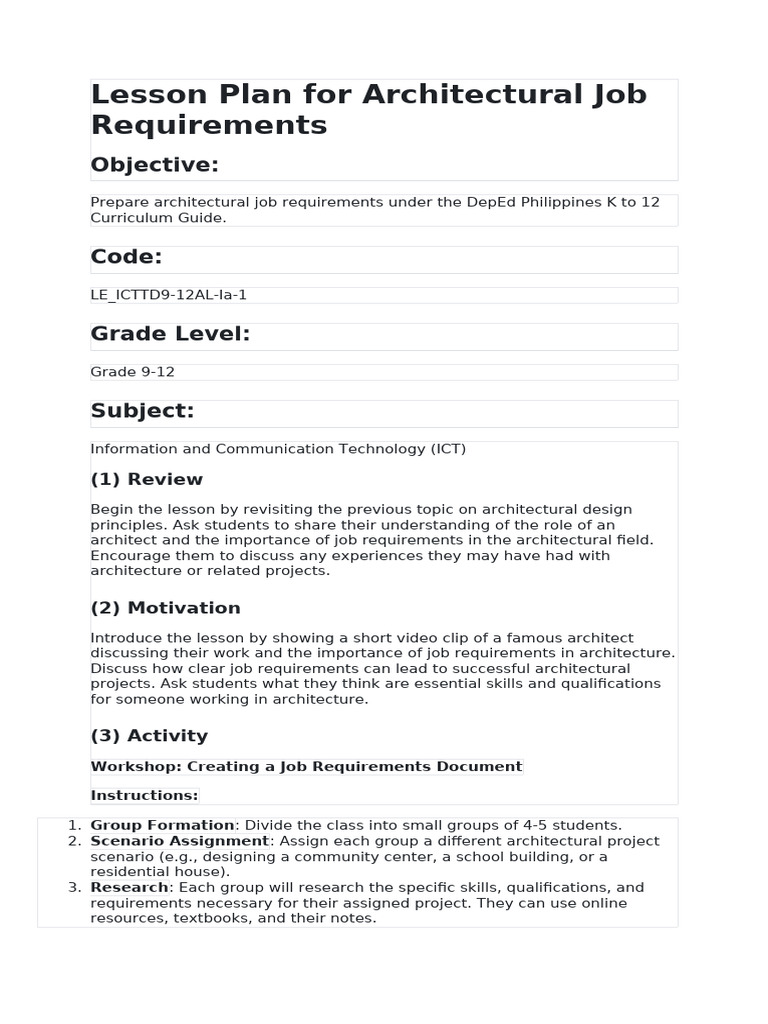 Architectural Job Requirements Lesson Plan | PDF | Lesson Plan | Skill