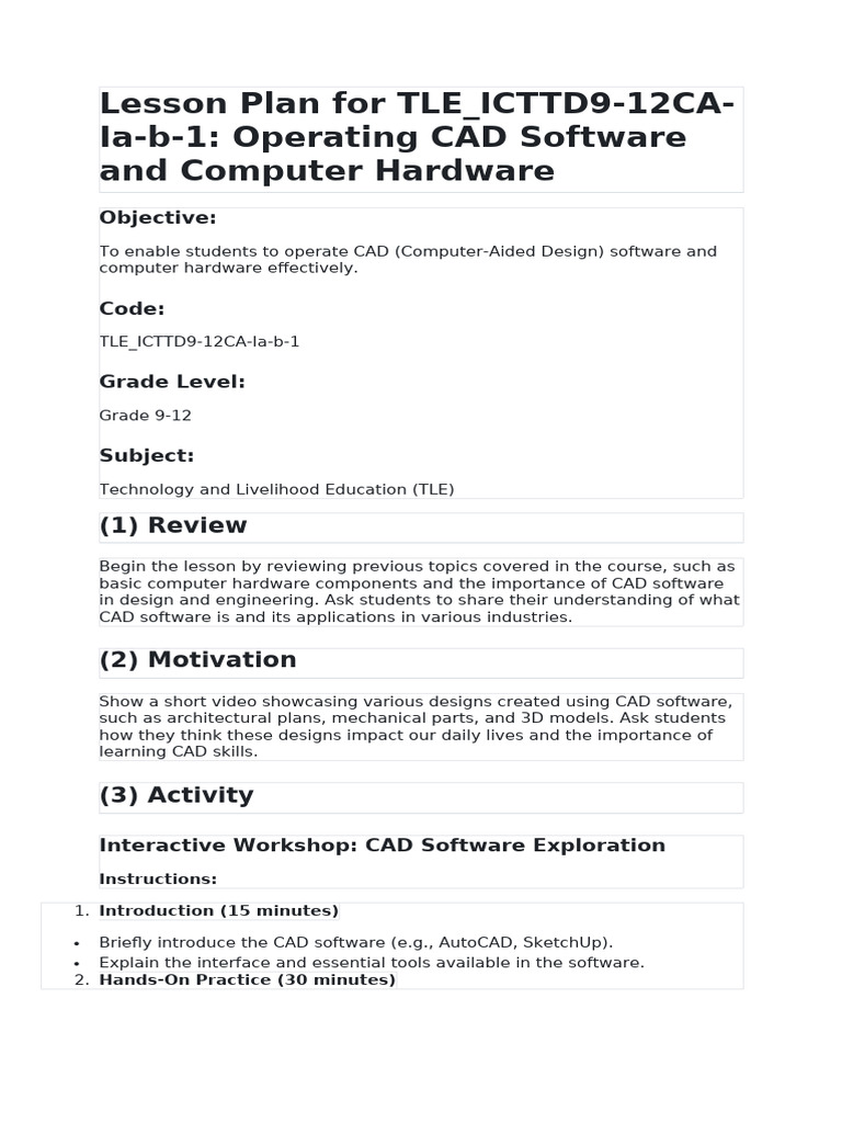 CAD Software Lesson Plan for Grades 9-12 | PDF | Computer Aided Design ...