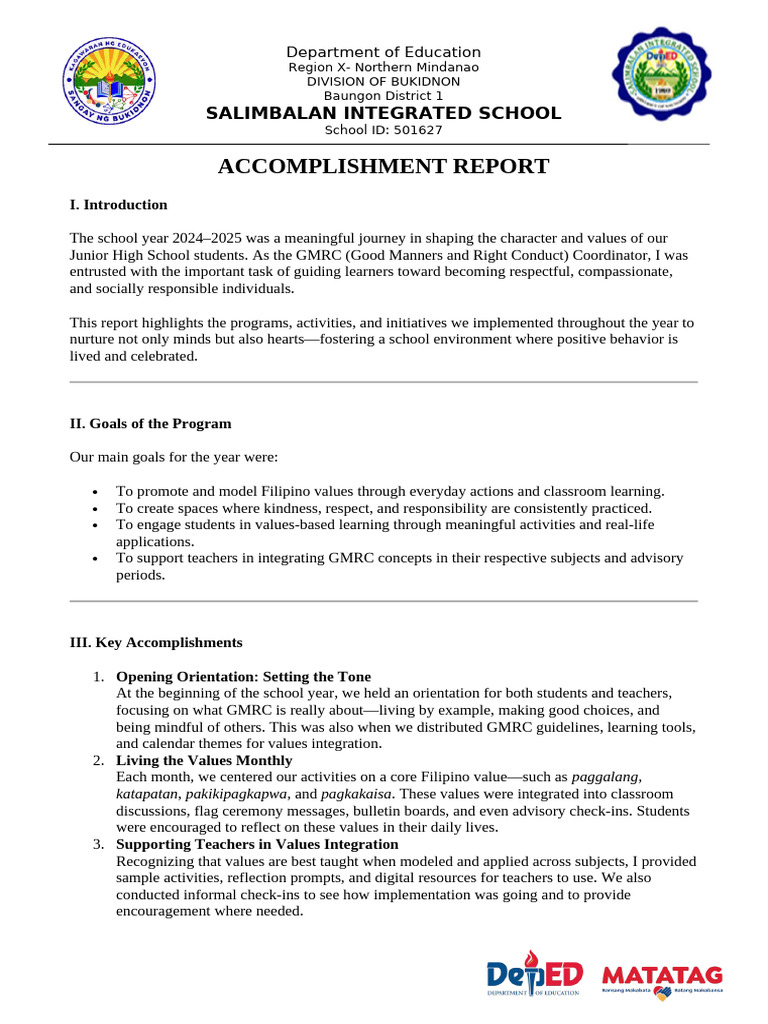 GMRC Accomplishment Report 2024-2025 | PDF | Learning | Teachers
