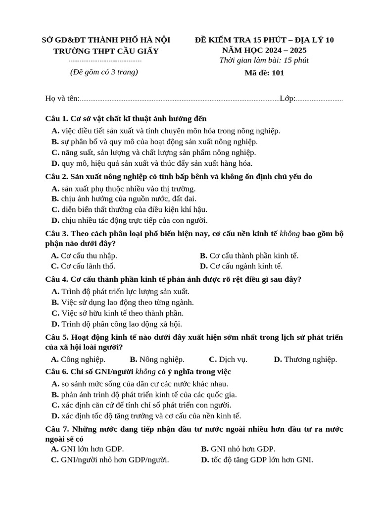 ĐỀ KT 15P - 10D1 | PDF