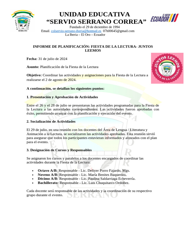 Informe Programa Juntos Leemos-2024-2025. | PDF