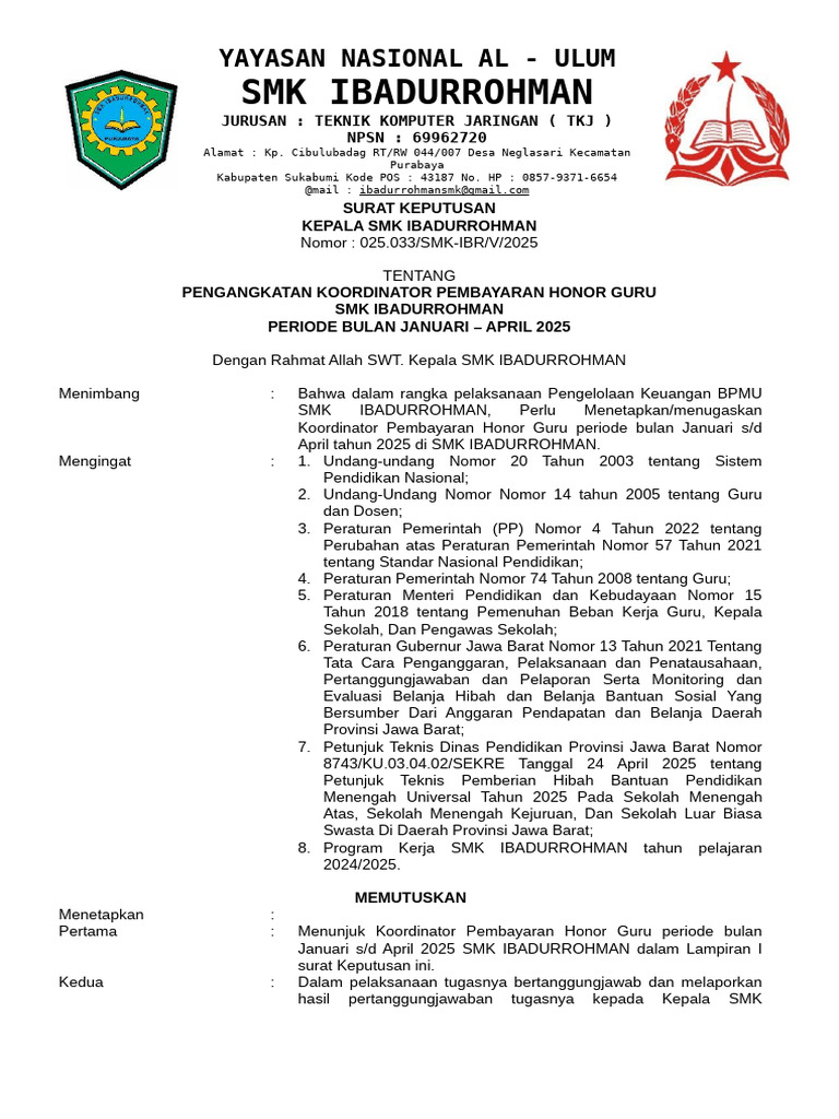 SK Pengangkatan Koordinator Pembayaran Januari-April 2025 | PDF