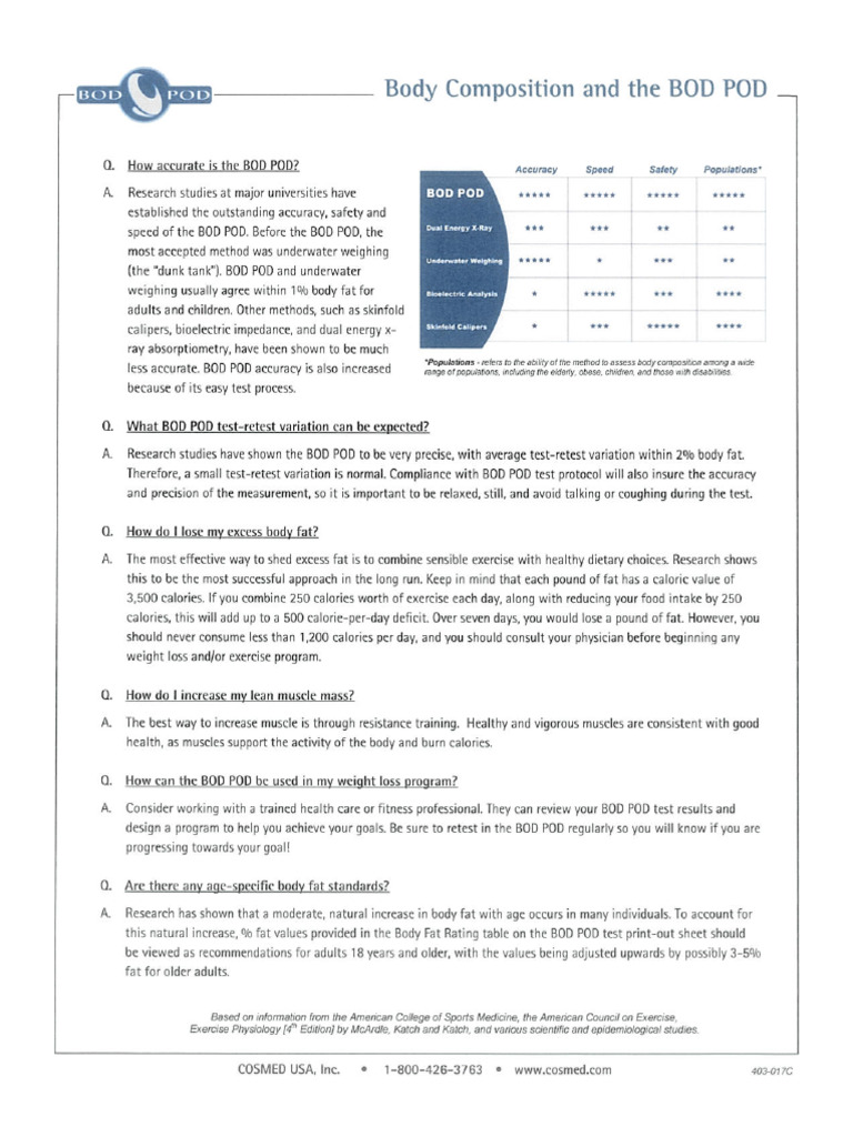 PHYG 49207 Lab #7 Bod Pod and Body Compostion | PDF