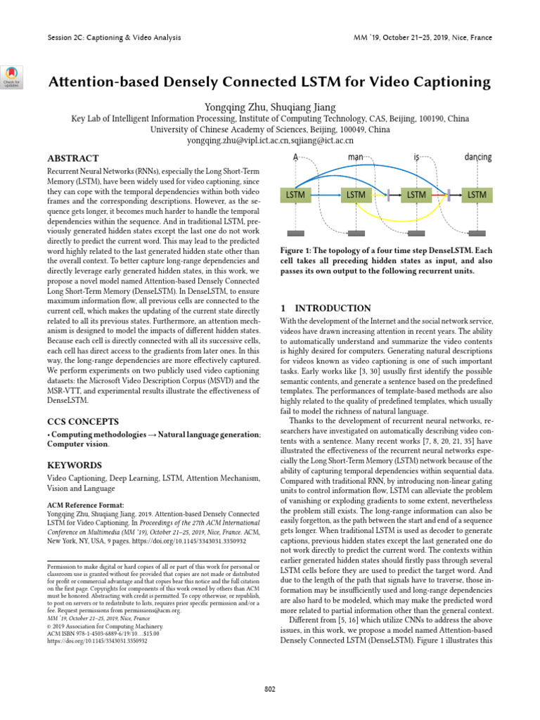 Attention-Based Densely Connected LSTM For Video Captioning | PDF | Learning | Applied Mathematics