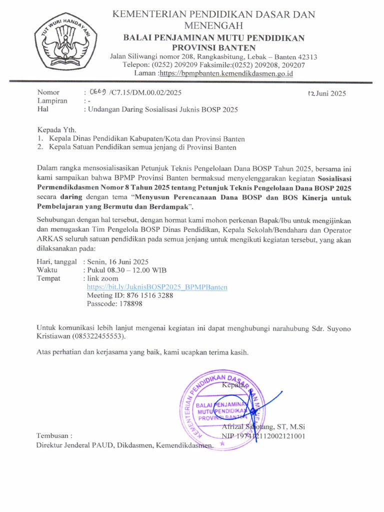 0669 Undangan Peserta Sosialisasi Juknis BOSP 2025 | PDF