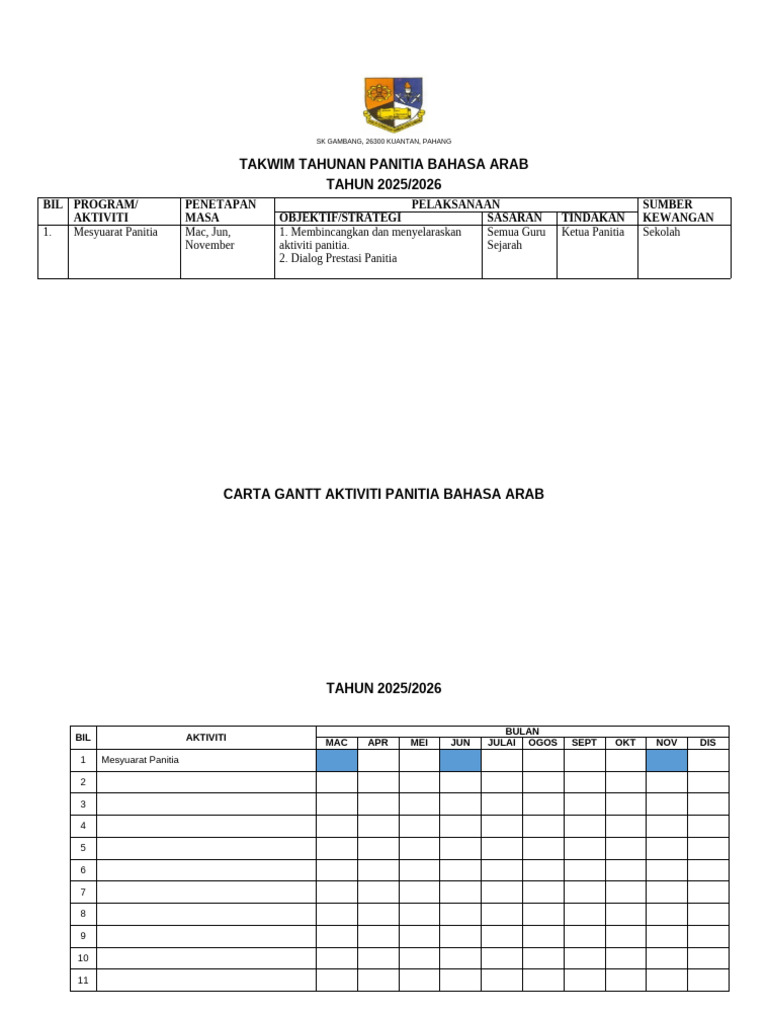 Takwim Panitia Bahasa Arab 2025/2026 | PDF