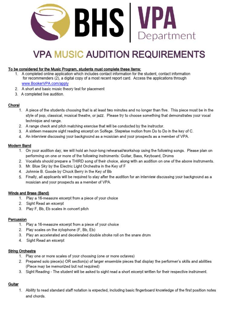 VPA Music Audition Requirements Guide | PDF | Audition | Performing Arts