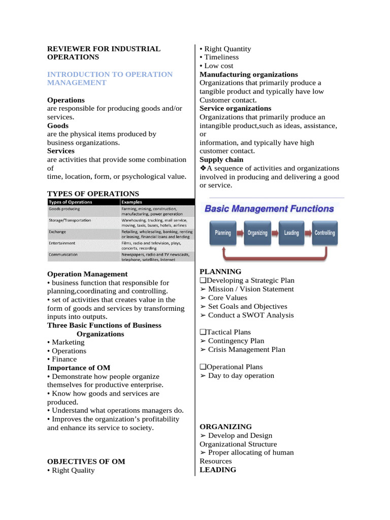 Industrial Operations Management Overview | PDF | Strategic Management ...