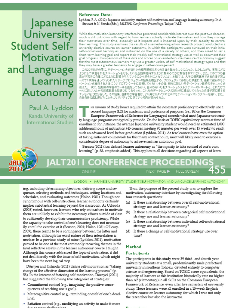 Lyddon - 2012 - Japanese University Student Self-Motivation and Language Learning Autonomy | PDF ...