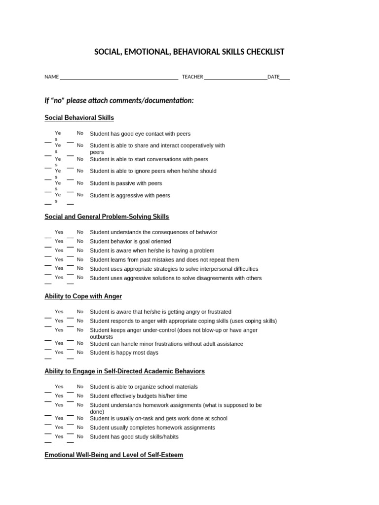 Social Emotional Skills Checklist PDF | PDF | Anger | Homework