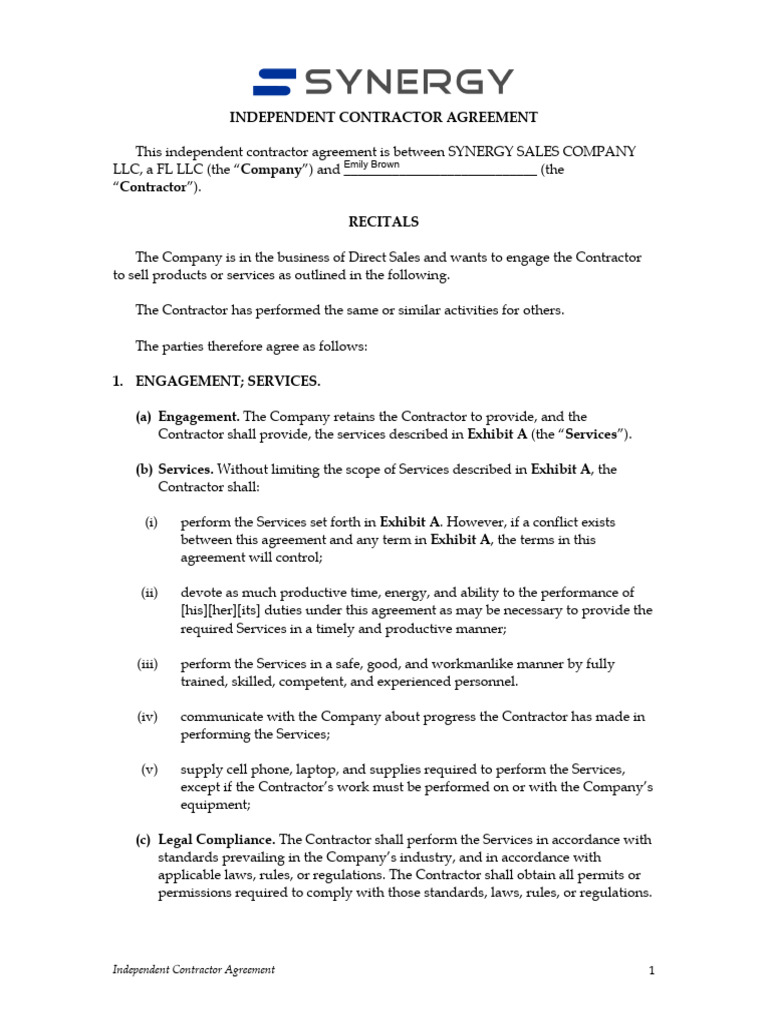 Synergy Independent Contractor Agreement New | PDF | Limited Liability Company | Indemnity