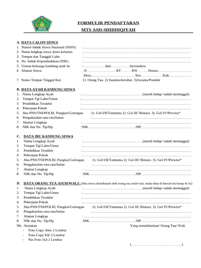 Formulir Pendaftaran Mts | PDF