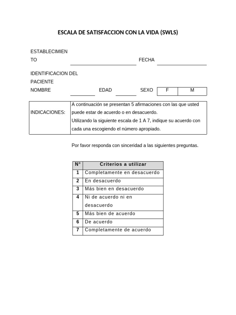 Escala de Satisfaccion Con La Vida Swls | PDF