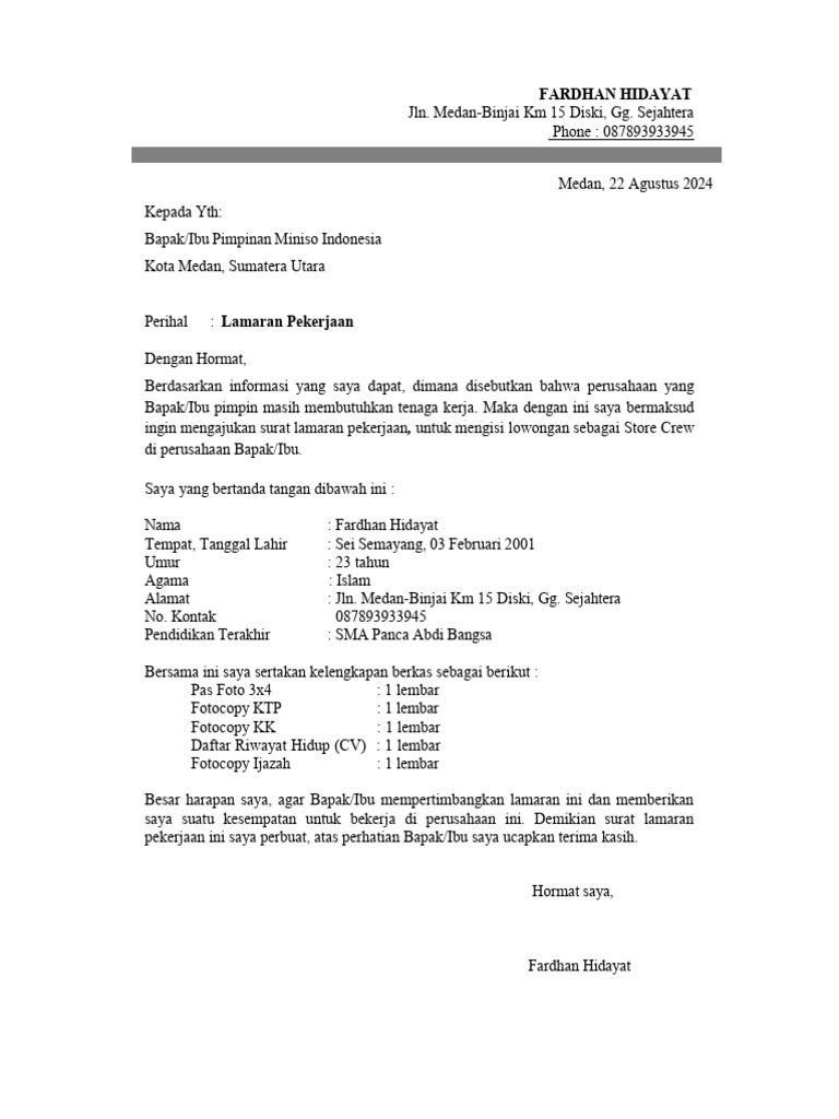 CV Fardhan Hidayat Miniso | PDF