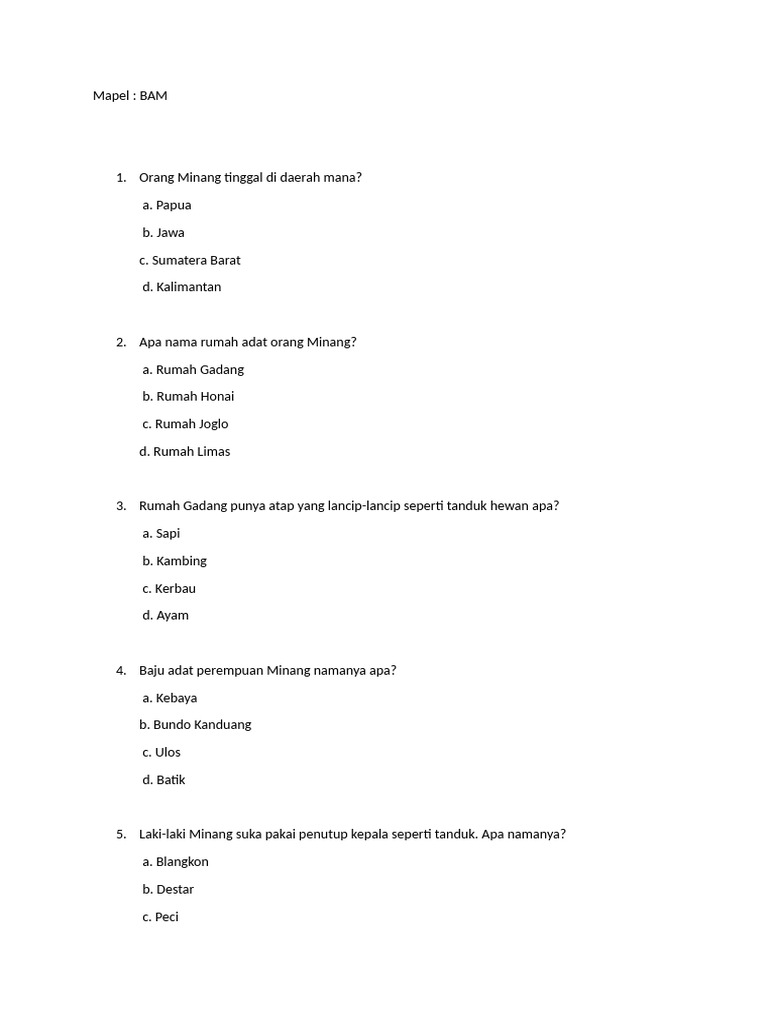 Soal Ujian BAM Kelas 1 Dan 4 | PDF