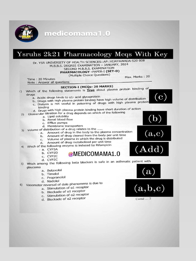 Ntruhs 2k21 Regular Pharmacology Paper-1 Mcqs | PDF | Drugs | Medicinal Chemistry