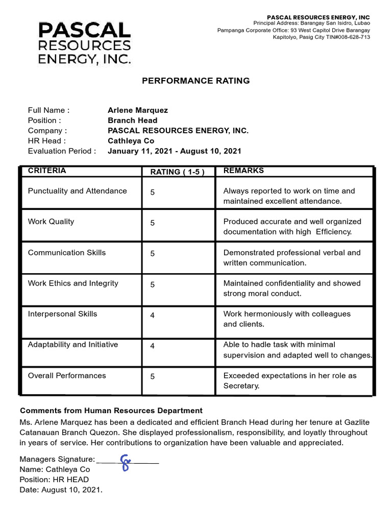 Performance Evaluation of Arlene Marquez | PDF
