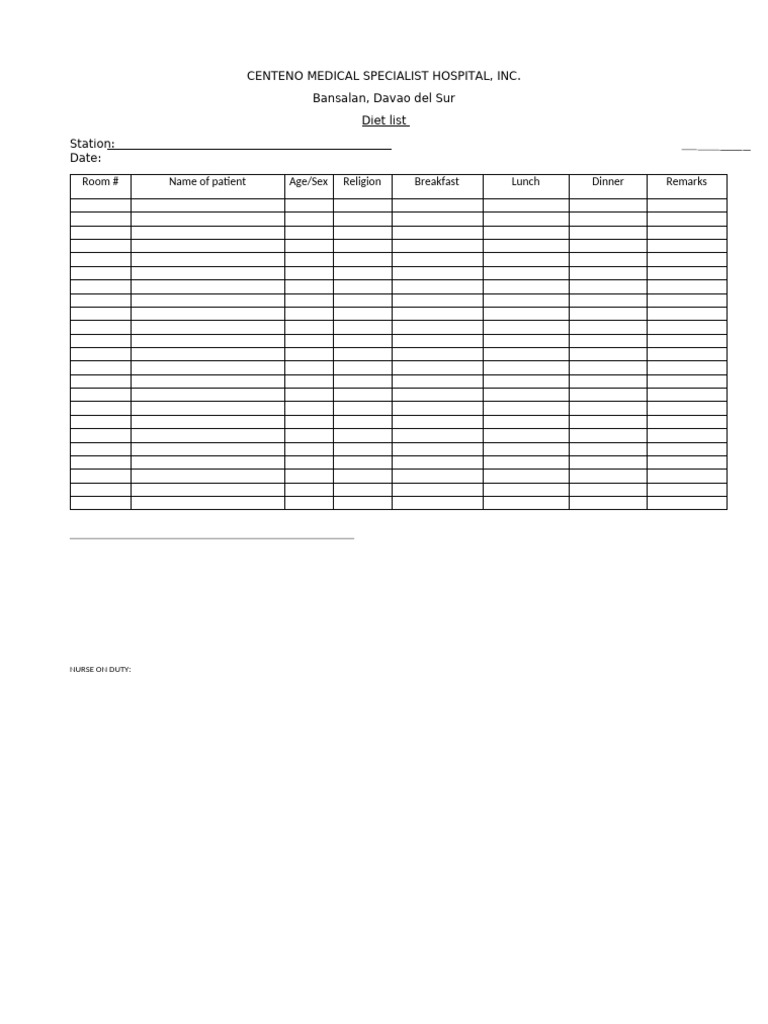 Centeno Medical Hospital Diet Plan | PDF