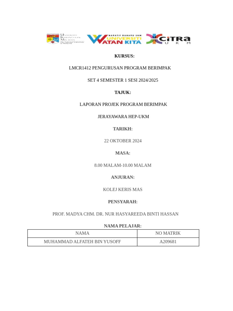 A209681_Laporan Pelaksanaan Projek Peserta 1 | PDF