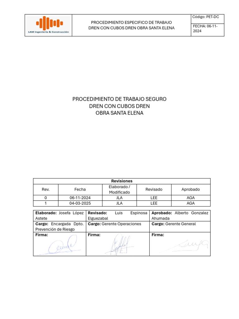 Procedimiento de Trabajo Seguro Dren | PDF