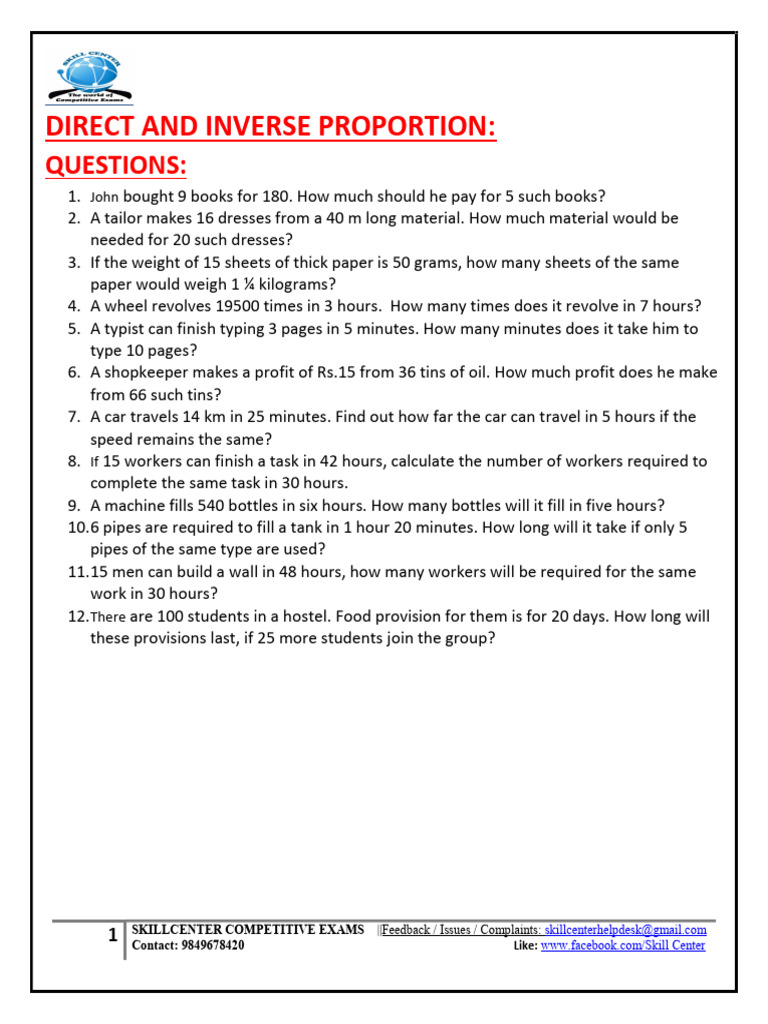 Direct and Inverse Proportion Problems | PDF