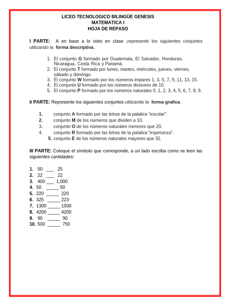 Hoja de Repaso Final Mate I Bimestre | PDF