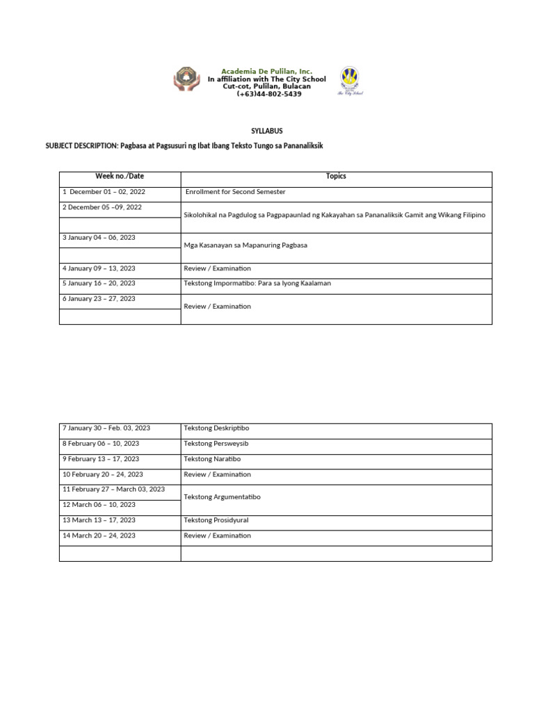Syllabus Pagbasa | PDF