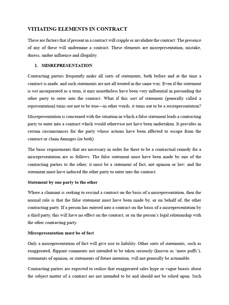Vitiating Elements in Contract | PDF | Misrepresentation | Consent