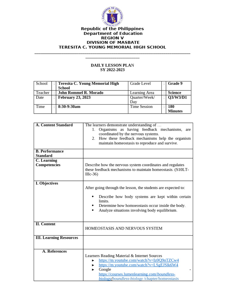 Daily Lesson Plan Science 10 | PDF | Learning | Homeostasis