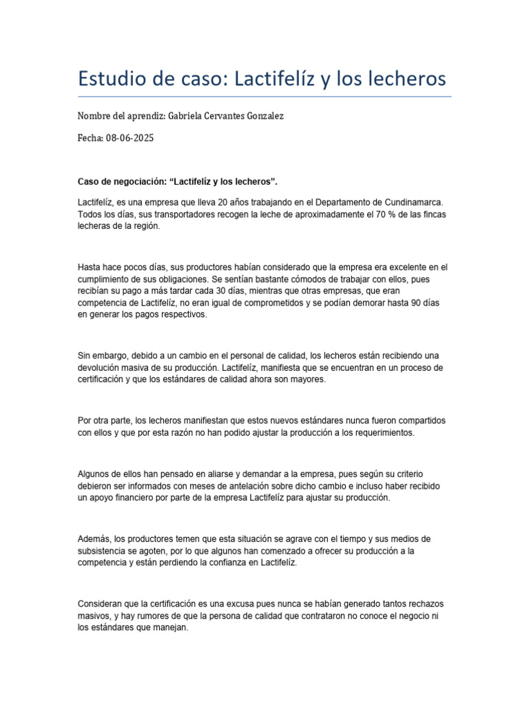 Conflicto entre Lactifelíz y lecheros | PDF | Negociación | Business