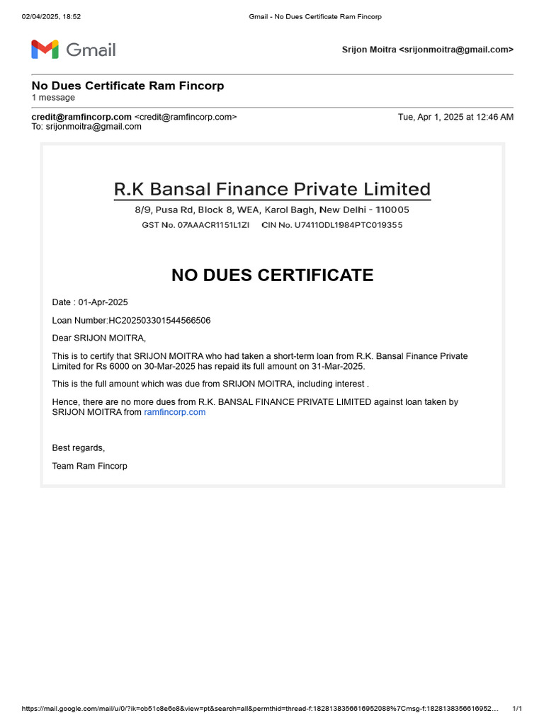 Gmail - No Dues Certificate Ram Fincorp | PDF