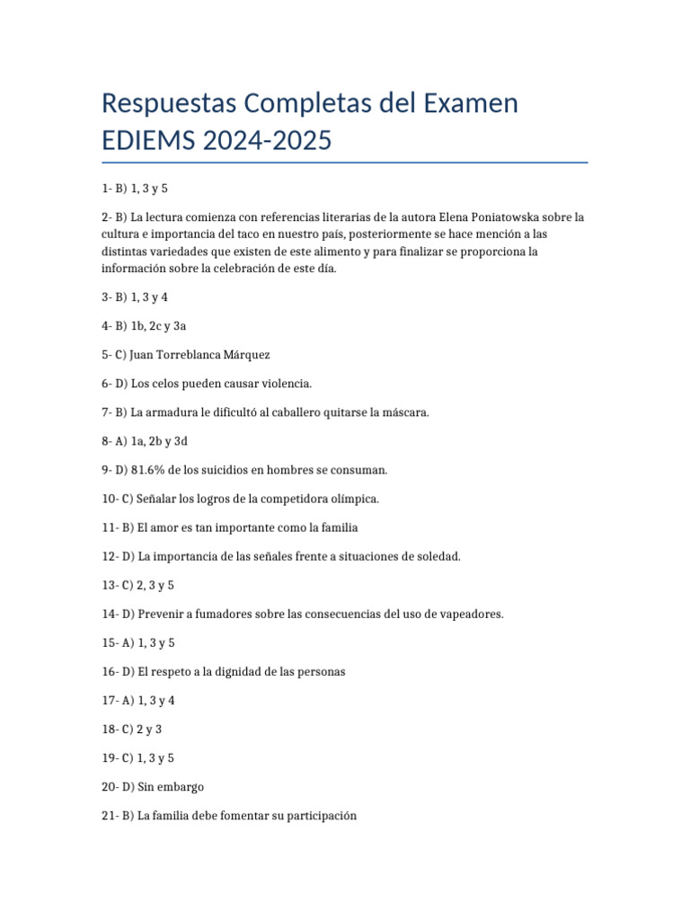 Respuestas Completas EDIEMS 2024 2025 | PDF