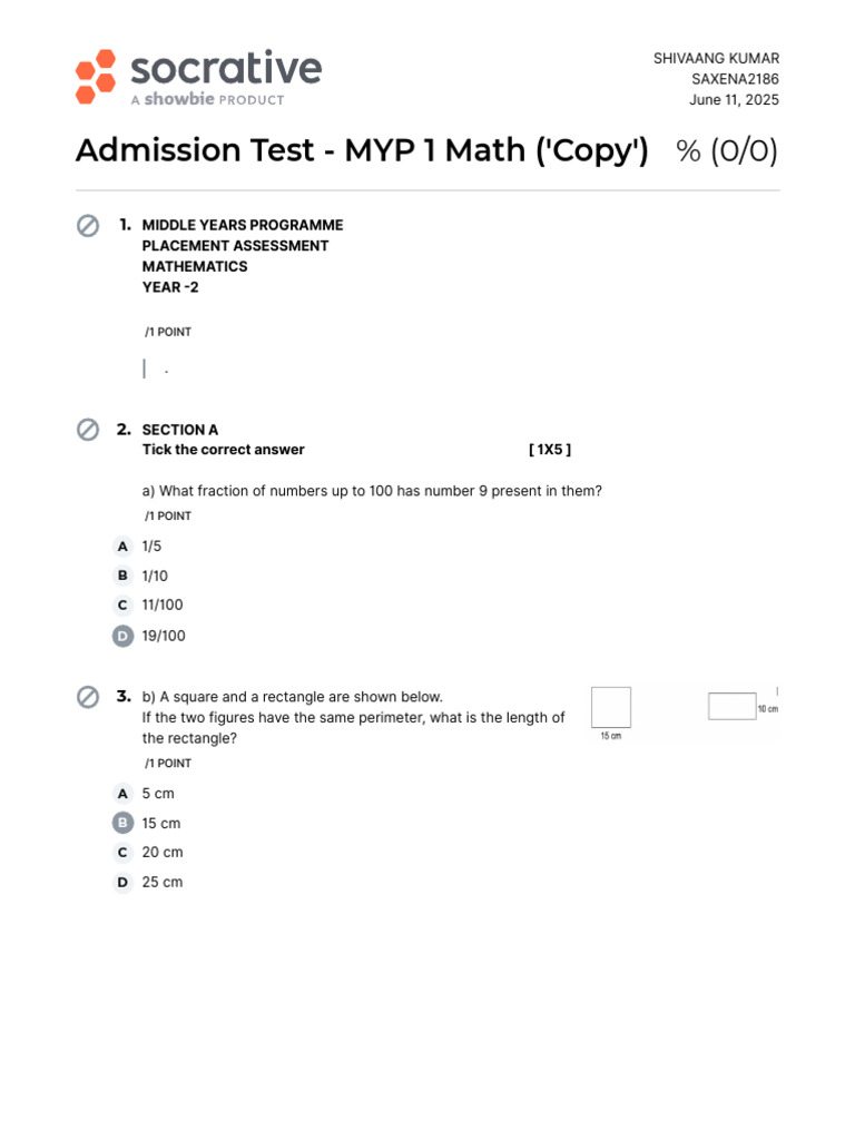 SHIVAANG KUMAR - 5de - QZ - Admission Test - MYP 1 Math (Checked) | PDF