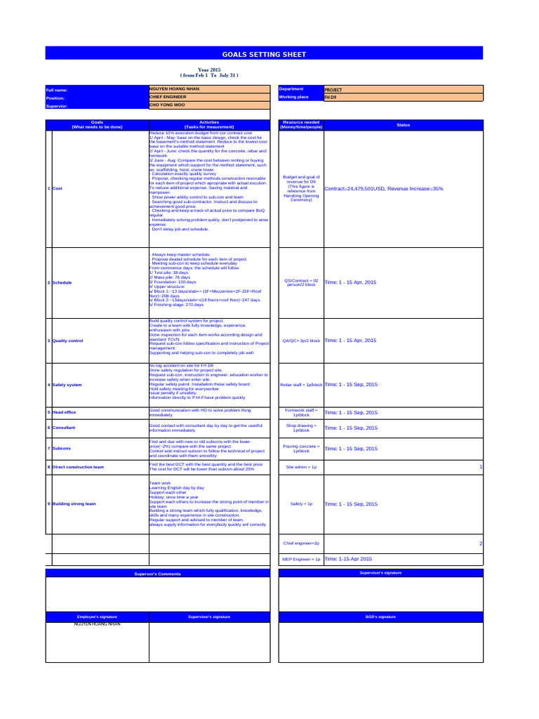 Form No 1 - Goal Setting - Sheet - Form (FH D9 31032015) | PDF