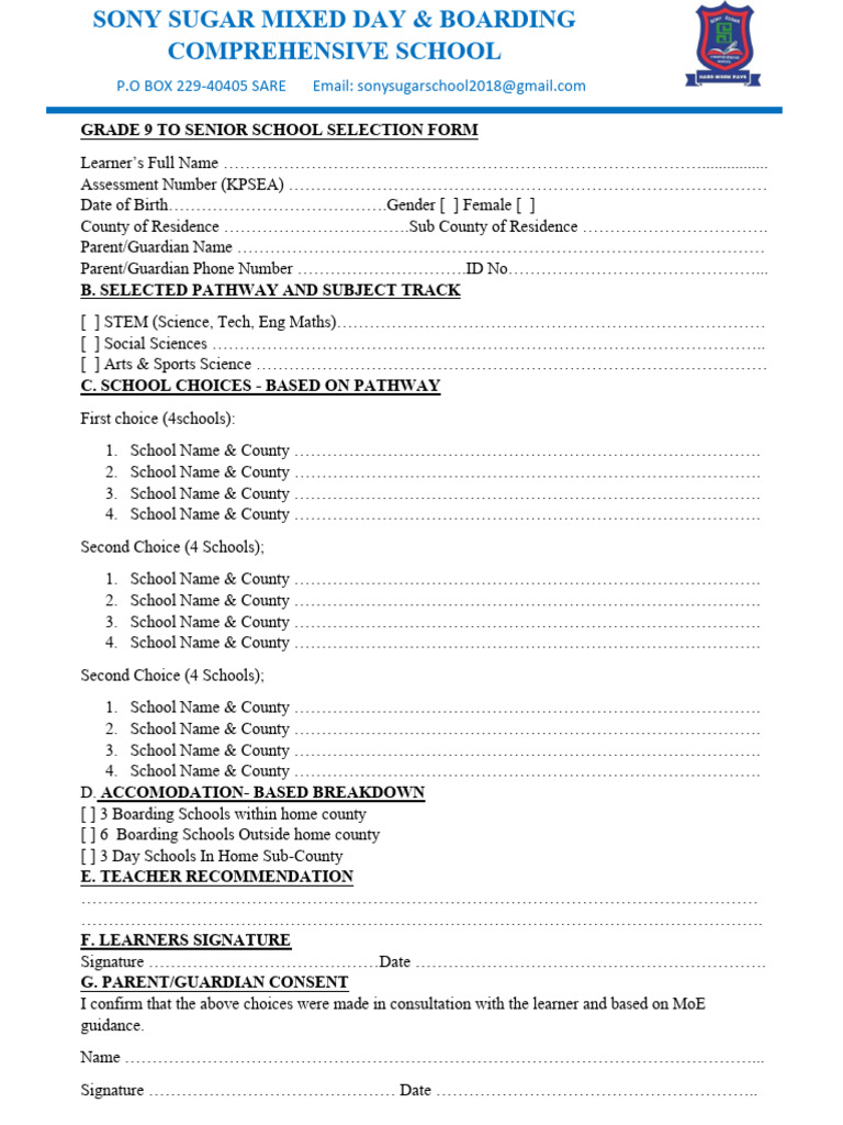 Grade 9 To Senior School Selection Form Mixed | PDF