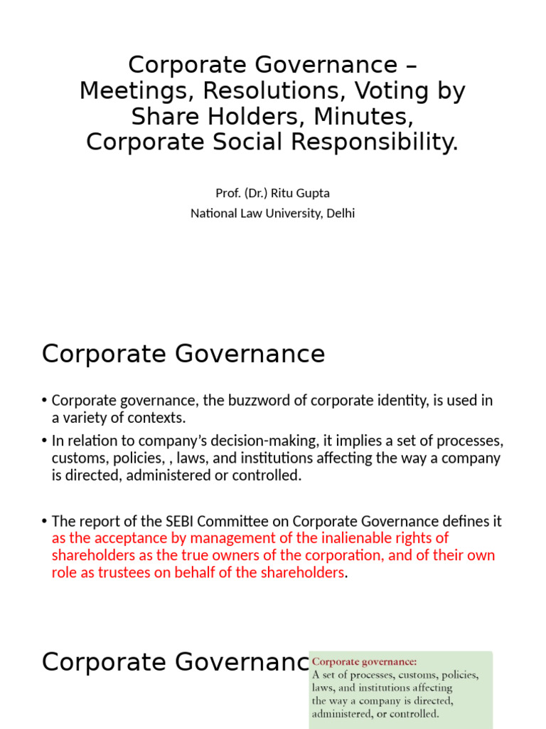 Corporate Governance GÇôMeetings, Resolutions, Voting by Share Holders ...