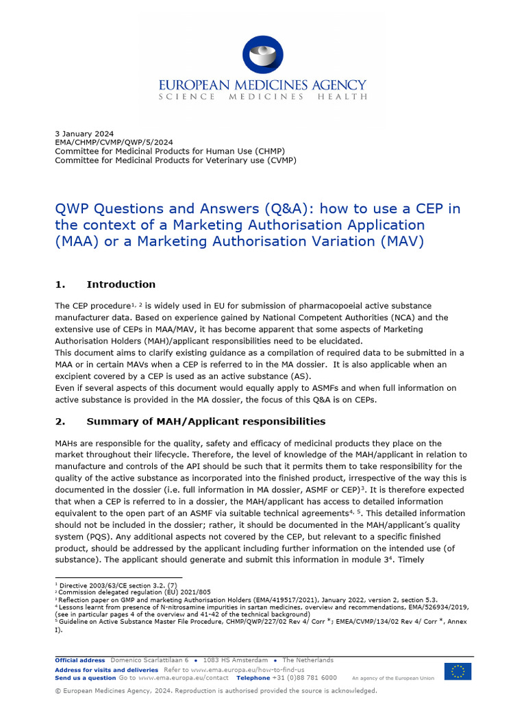 Questions Answers Qa How Use Cep Context Marketing Authorisation Application Maa or Marketing ...