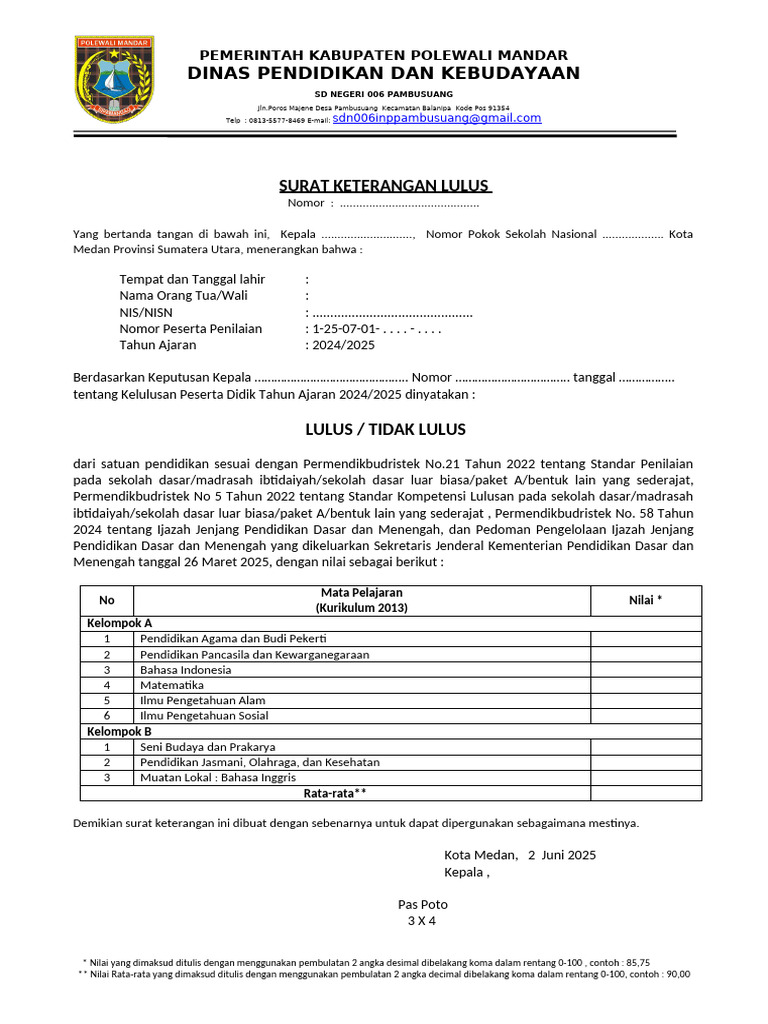 Surat Keterangan Lulus SD 2025 | PDF